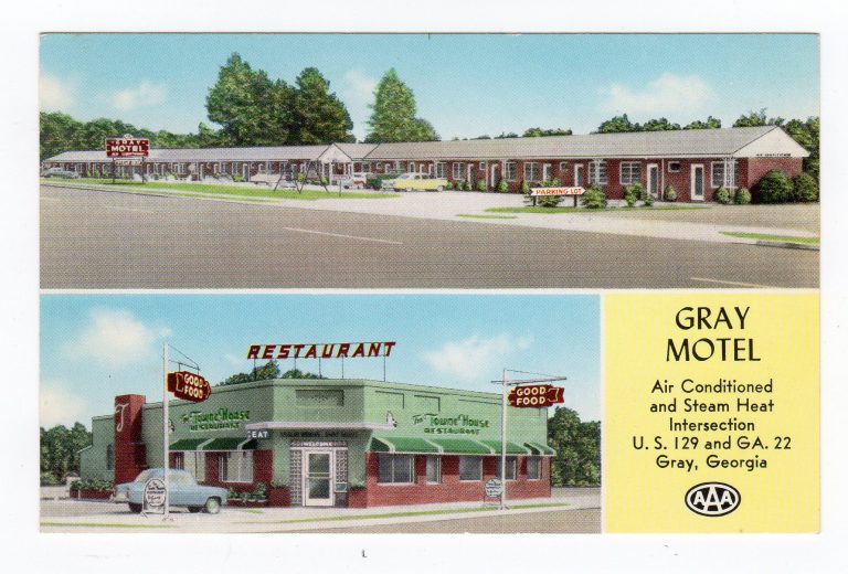Chrome postcard. Gray Motel US 129 and GA 22, Gray, Georgia. Restaurant ...