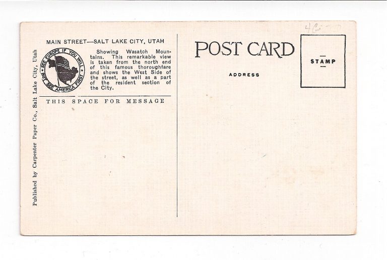 Linen postcard. Main Street, Salt Lake City, Utah. Wasatch Mountains in ...