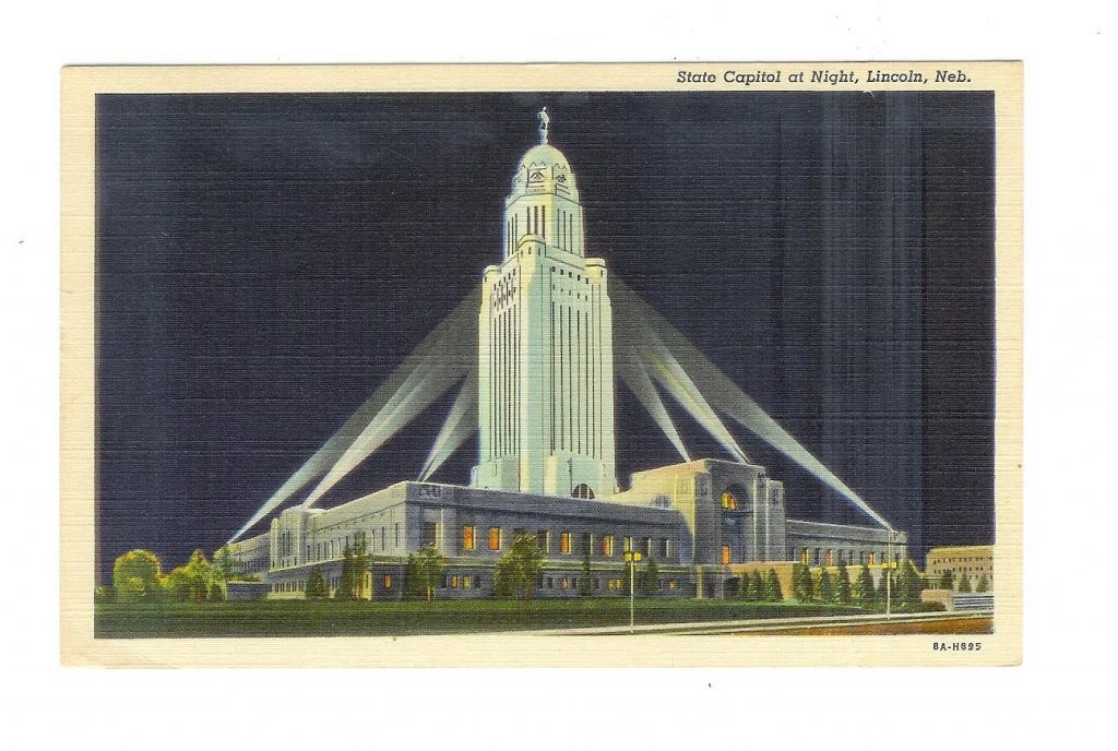 Linen Postcard. State Capitol at night, Lincoln, Nebraska. 1946 ...