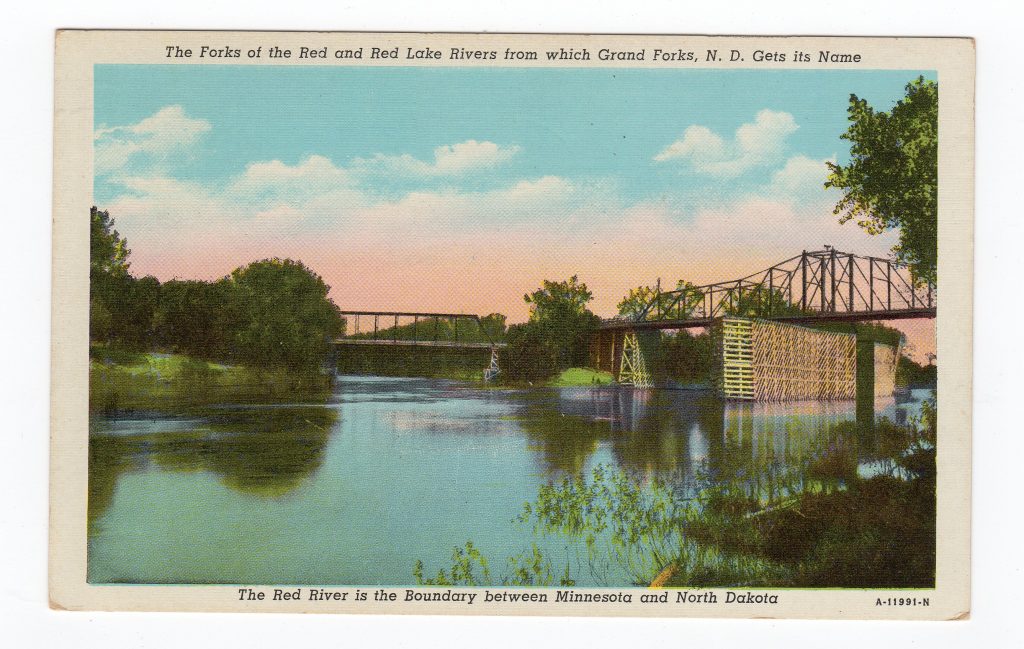 Linen postcard. The Forks of the Red and Red Lake Rivers from which ...
