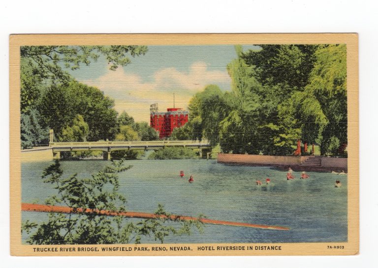 Linen postcard. Truckee River Bridge, Wingfield Park, Reno, Nevada ...