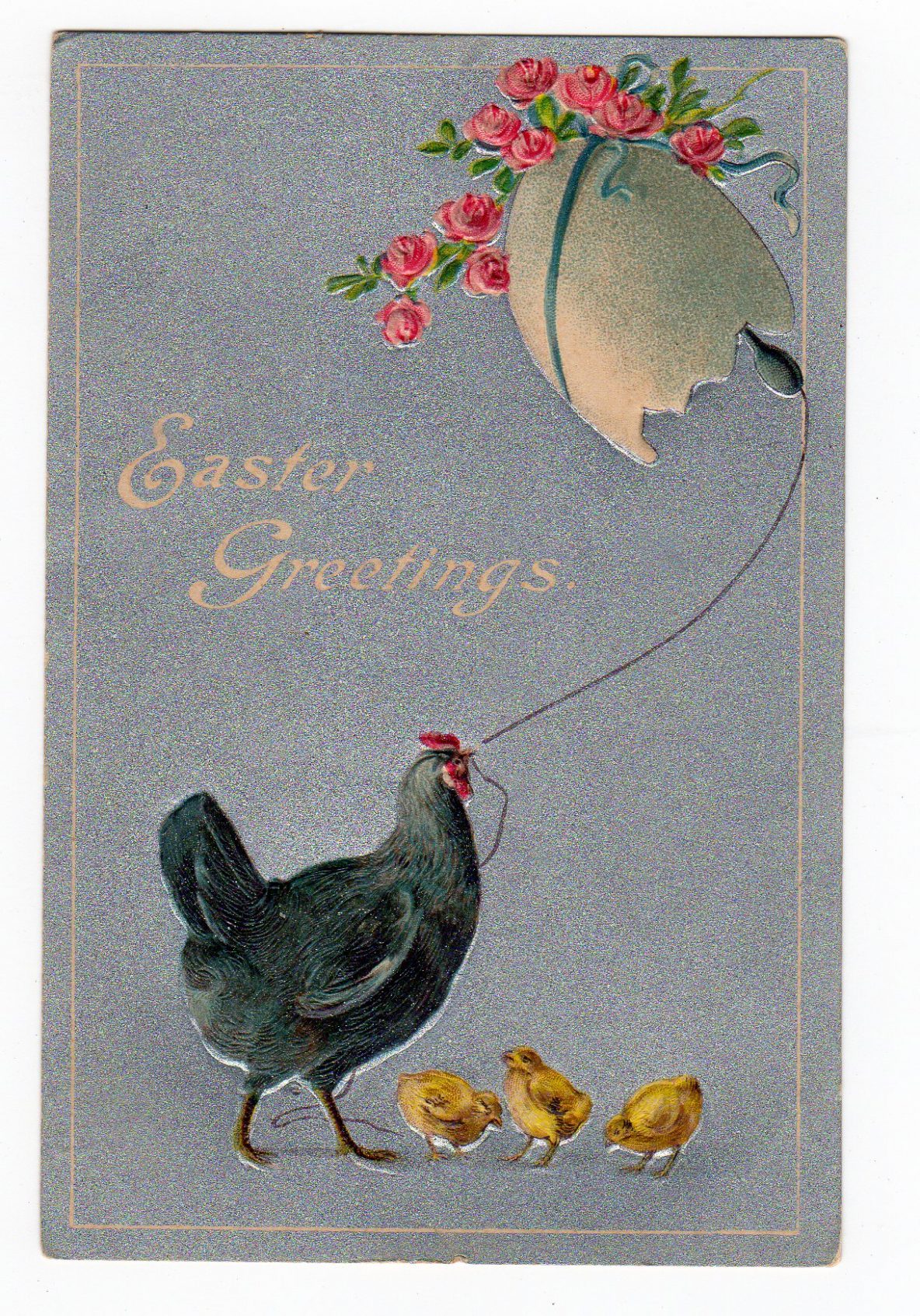 Old postcard. Easter Greetings. Chicken, chicks, egg bell. Embossed ...