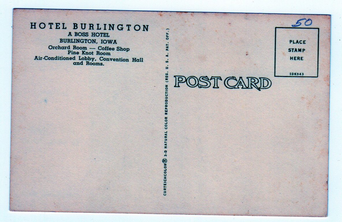 Chrome postcard. Hotel Burlington, Burlington, Iowa. | Jackie's Vintage ...