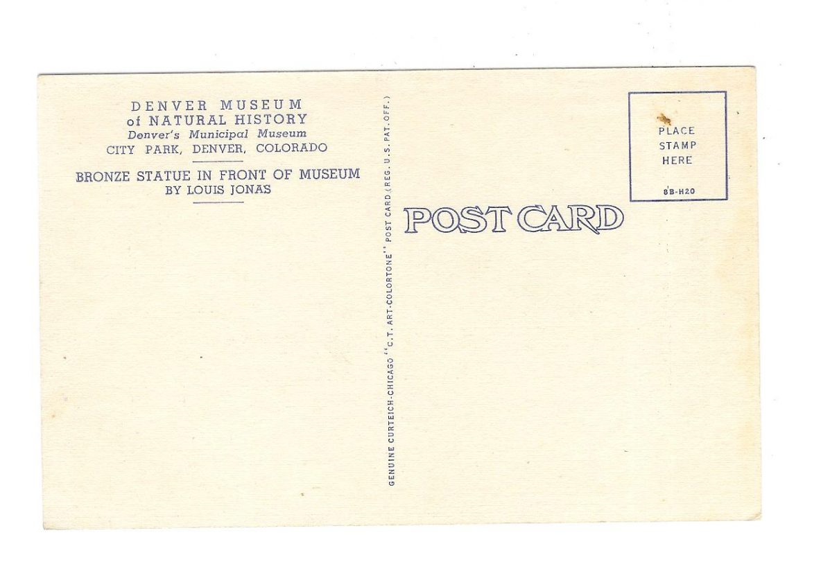 Linen postcard. Last stand of the Grizzly bear. Bronze statue in front ...