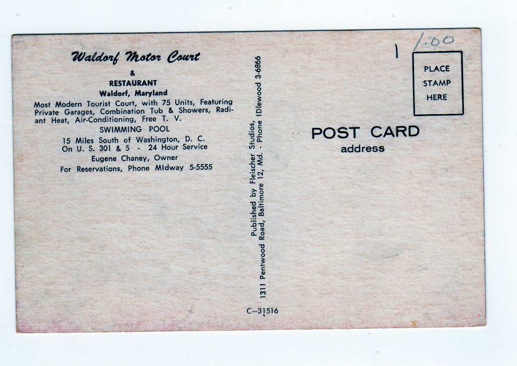 Chrome postcard. Waldorf Motor Court and Restaurant, Waldorf, Maryland ...