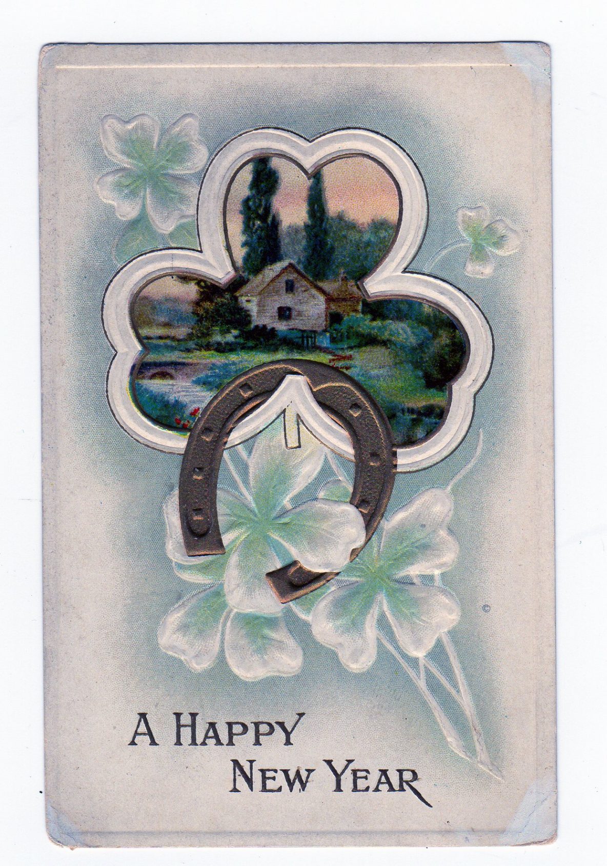 Old postcard. A Happy New Year. Embossed. Shamrock, horseshoe. 1910. | Jackie's Vintage Postcards