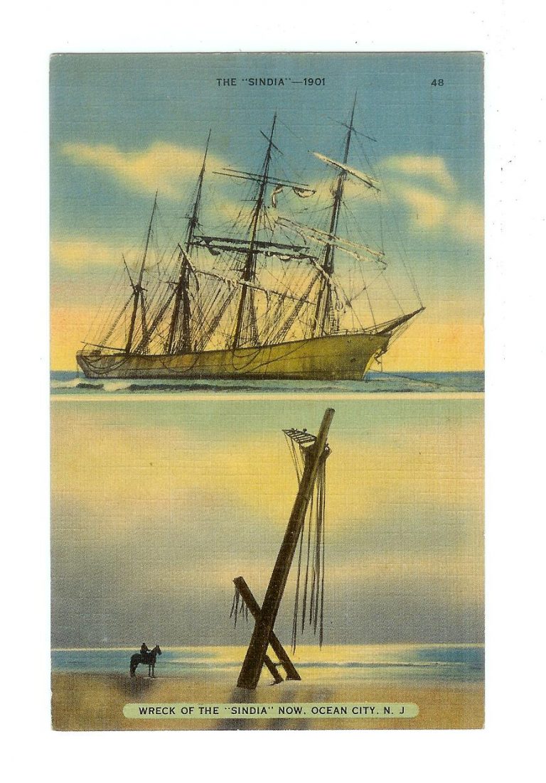Linen postcard. The Sindia 1901. Wreck of the Sindia now, Ocean City ...