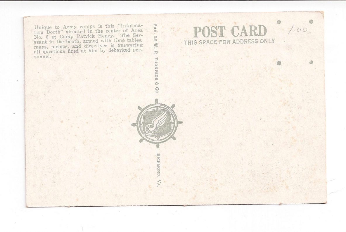 Old postcard. Information Booth, Camp Patrick Henry, Virginia. Soldiers ...
