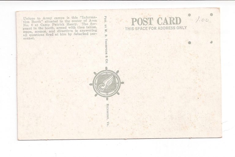 Old postcard. Information Booth, Camp Patrick Henry, Virginia. Soldiers ...