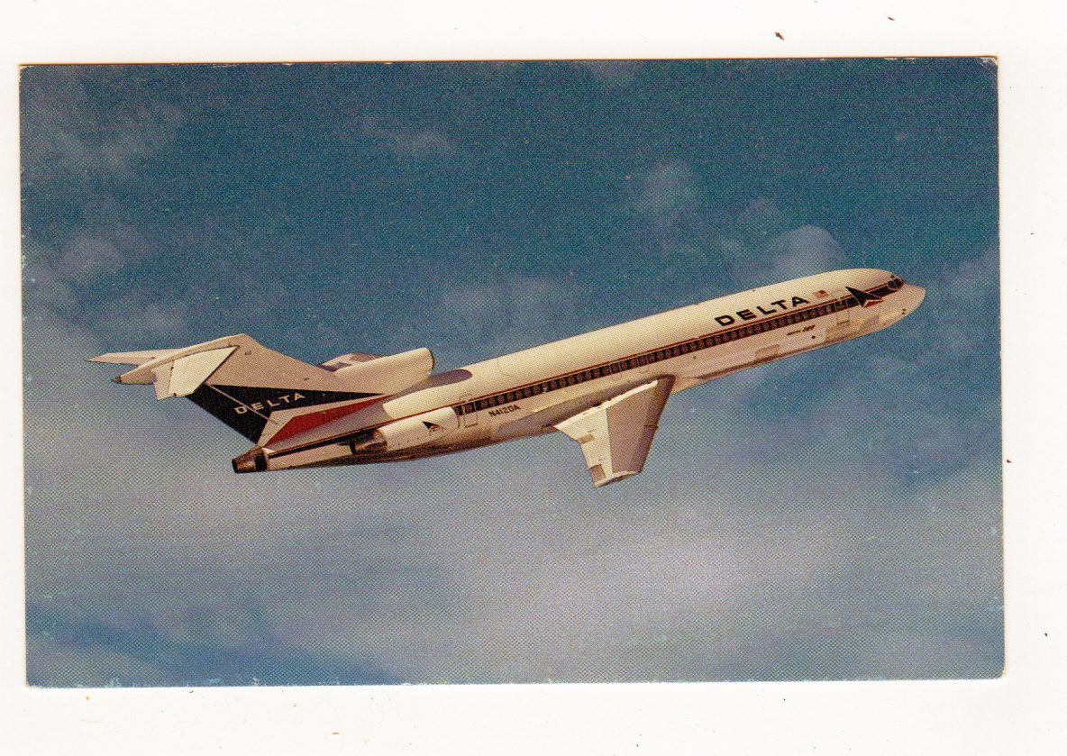 Chrome postcard. Delta Airlines Boeing 727. | Jackie's Vintage Postcards