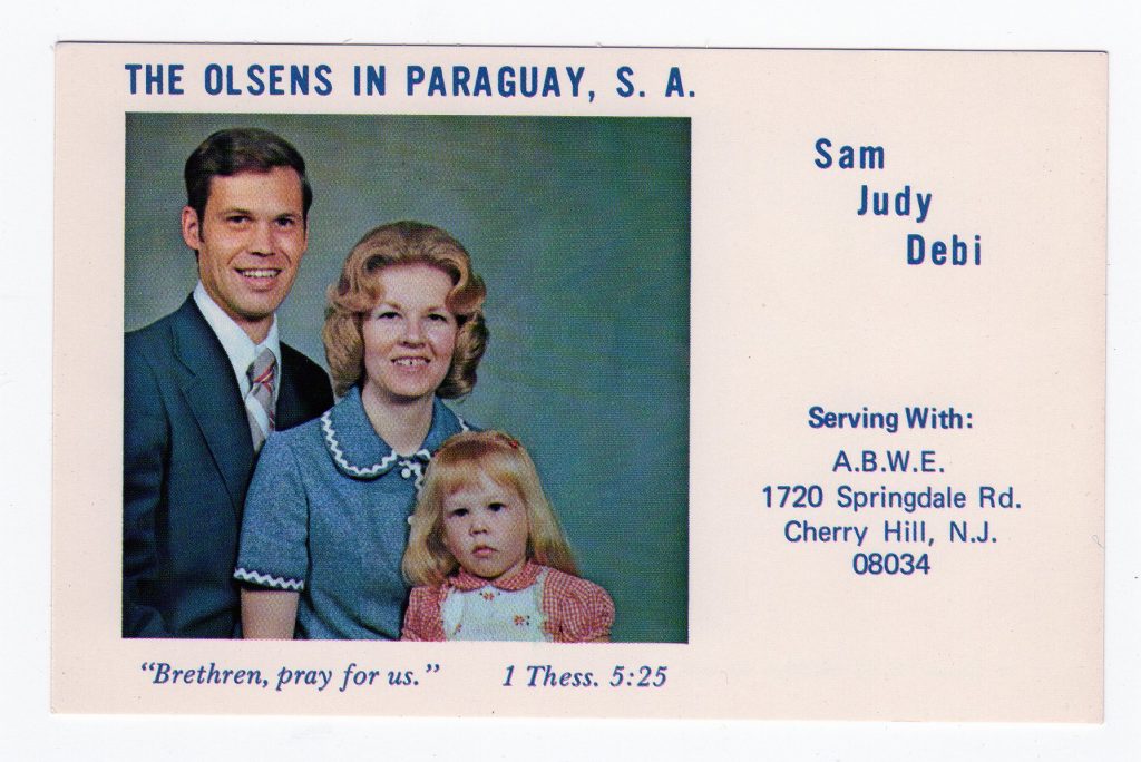 Chrome postcard. The Olsens in Paraguay, Sam, Judi and Debi. Serving ...