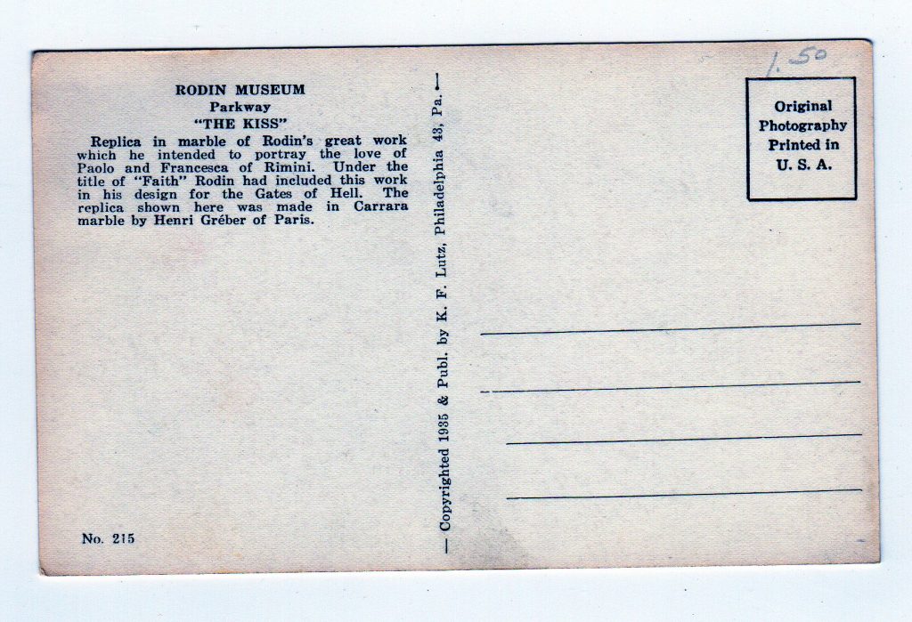 Real Photo Postcard. The Kiss, Sculpture, Rodin Museum, Philadelphia ...