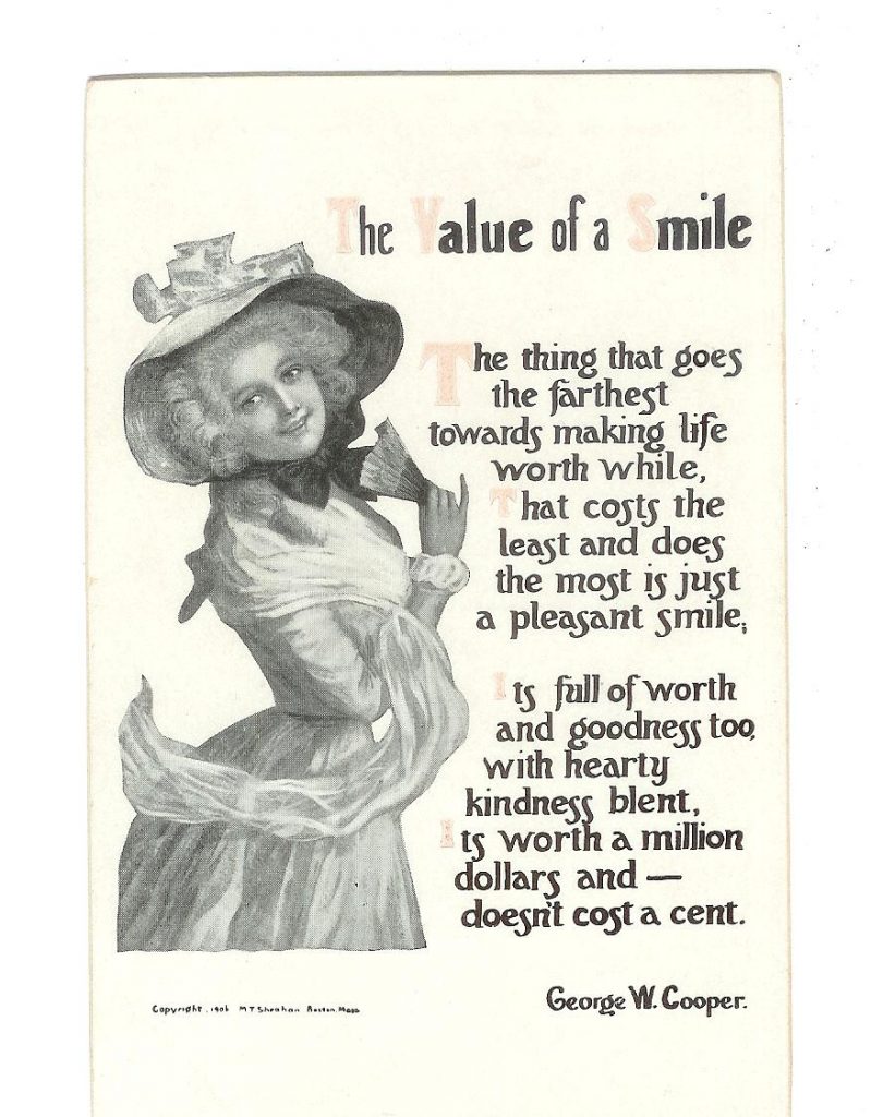 Old postcard. The Value of a smile. Poem by George W Cooper. 1906 ...