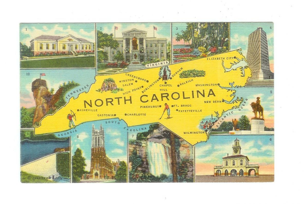 Linen postcard. North Carolina Map. | Jackie's Vintage Postcards