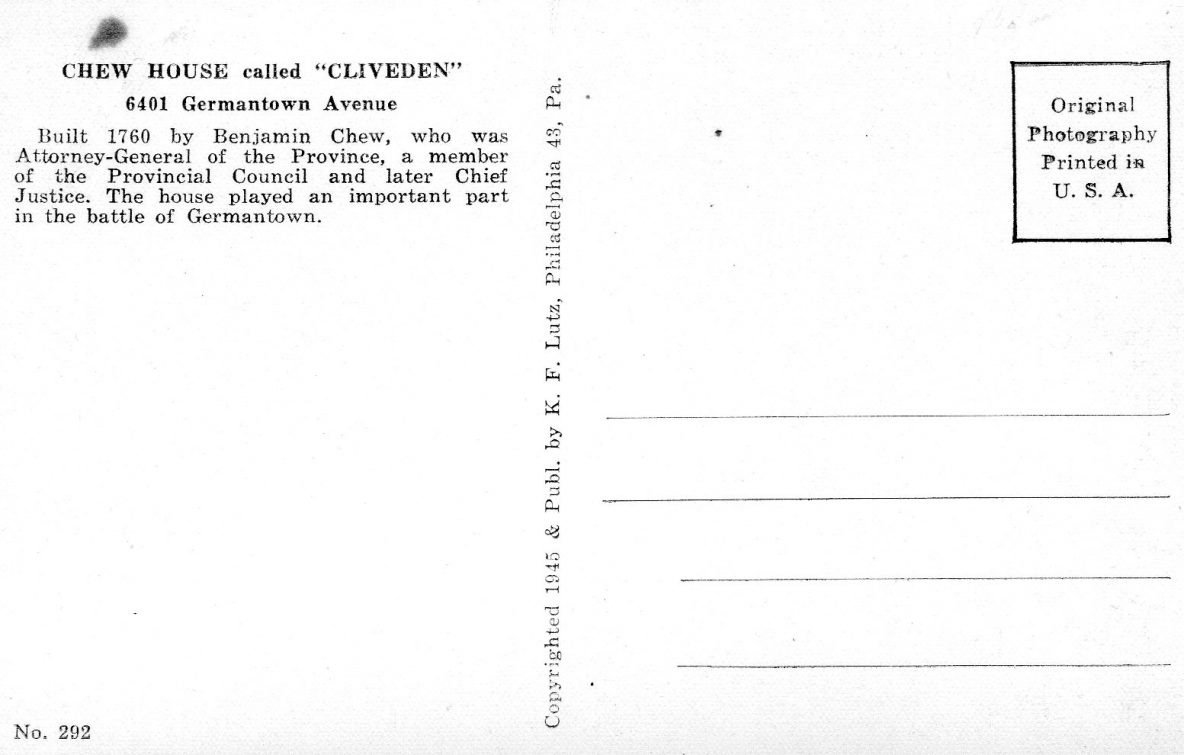 Real Photo postcard. Chew House, Philadelphia, Germantown, Pennsylvania ...