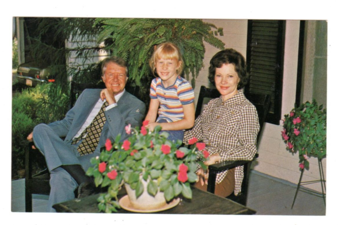 Chrome postcard. President Jimmy Carter with wife Rosalynn and daughter ...