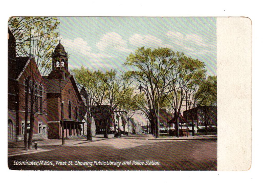 Old postcard. Leominster, Massachusetts, West St showing Public Library ...