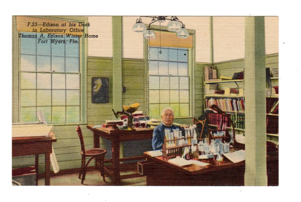 Linen postcard. Edison at his desk in Laboratory Office, Thomas A ...