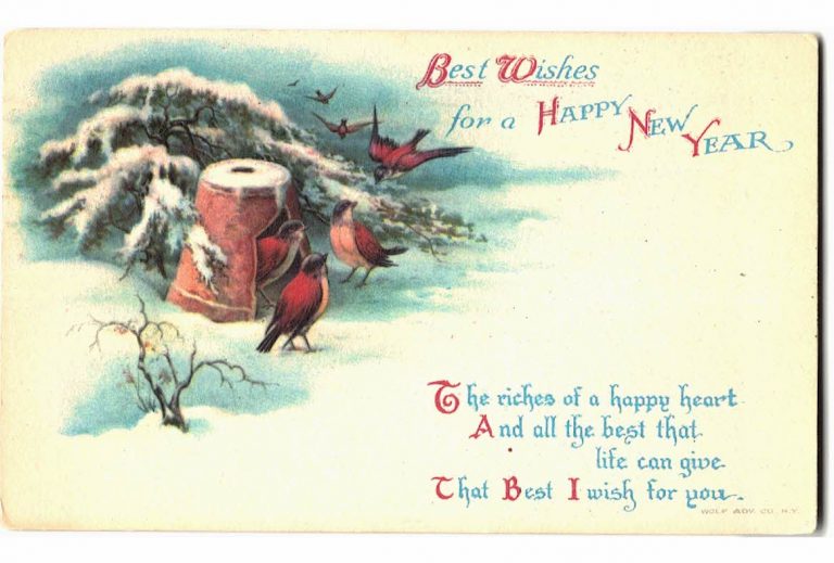 Old postcard Best Wishes for a Happy New Year. Snow, cardinals. Wolf ...