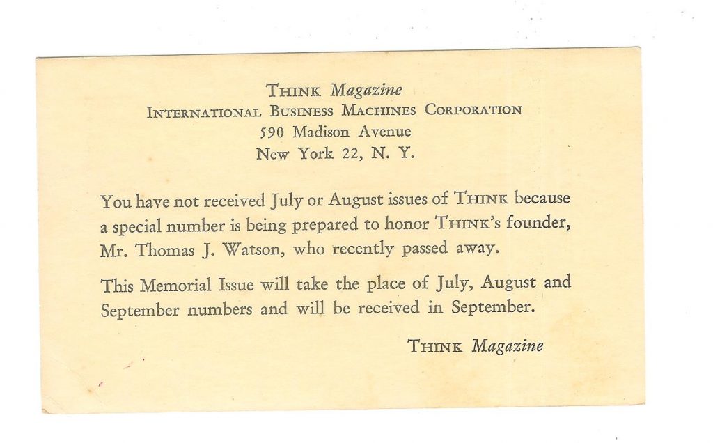 Postcard. Think Magazine. International Business Machines Corporation ...