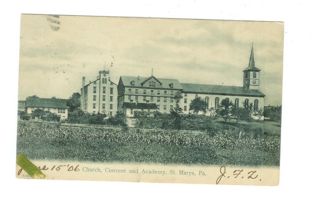 Old postcard. Church, Convent and Academy, St Marys, Pennsylvania. Undivided back. 1906 ...