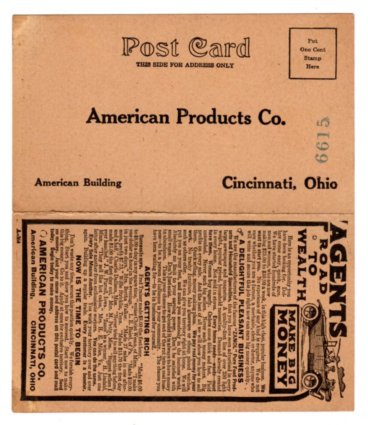 Postcard Brochure. Agents Road to Wealth, Make Big Money, American ...