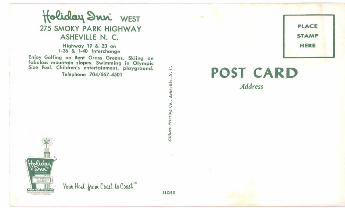 Chrome postcard. Holiday Inn, West 275 Smoky Park Hwy, Asheville, North ...