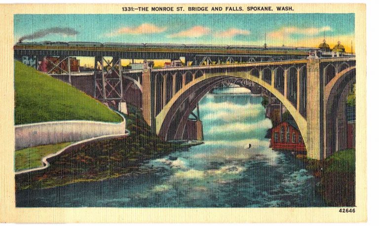 Linen Postcard. The Monroe Street Bridge and Falls, Spokane, Washington ...