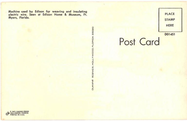 Chrome postcard. Machine used by Edison for weaving and insulating ...