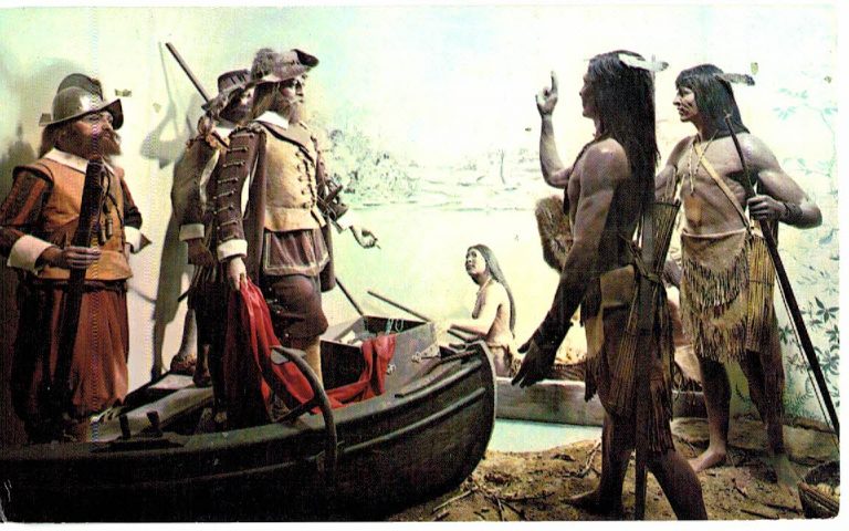 Chrome postcard. Captain John Smith trading with Powhatan Indians on ...
