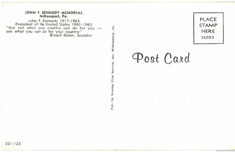Chrome postcard. John F Kennedy Memorial, McKeesport, Pennsylvania. JFK ...