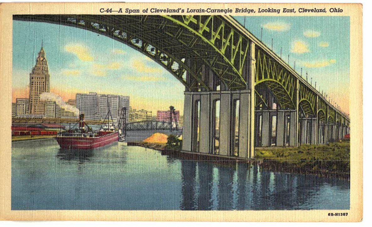 Linen postcard. A Span of Cleveland’s Lorain-Carnegie Bridge, looking ...