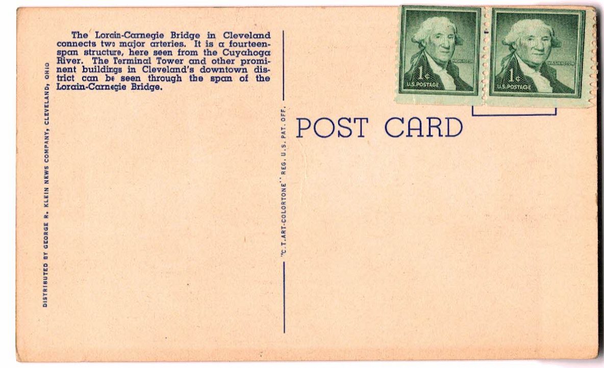 Linen postcard. A Span of Cleveland’s Lorain-Carnegie Bridge, looking ...
