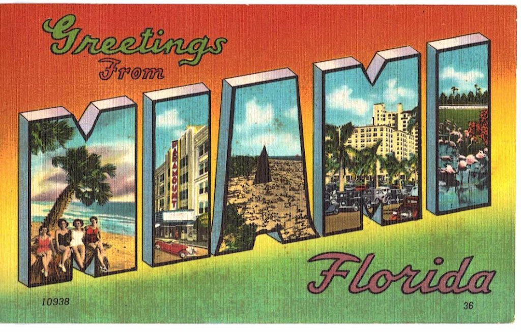 Linen postcard. Greetings from Miami, Florida. Large Letter. 1951 ...