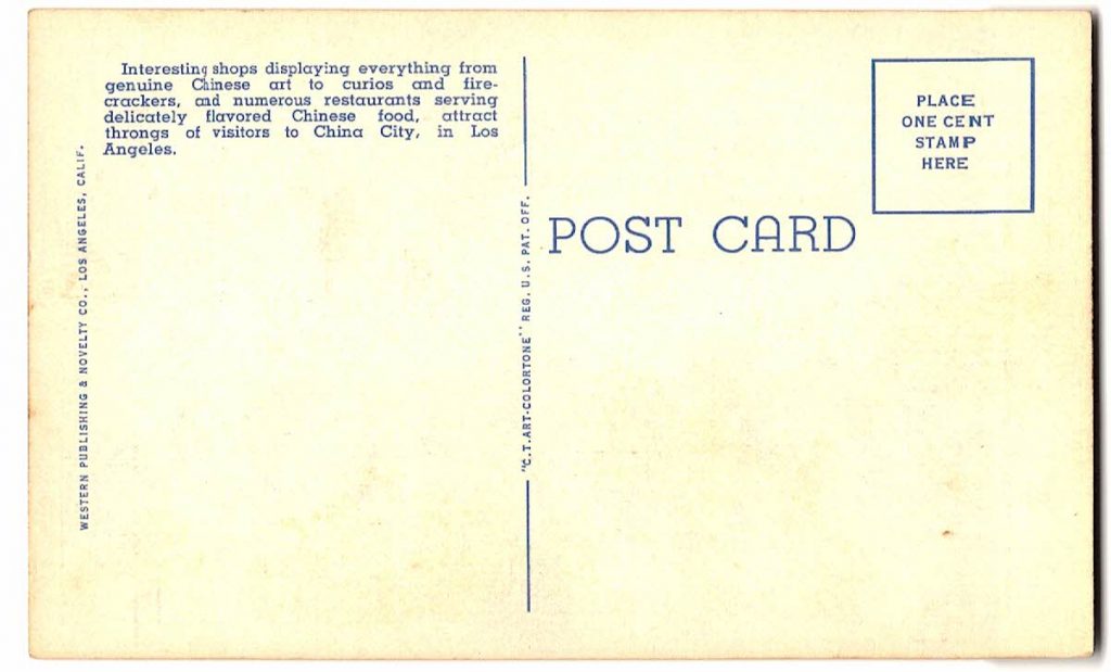 Linen postcard. Plaza in China City, Los Angeles, California. Rickshaw ...