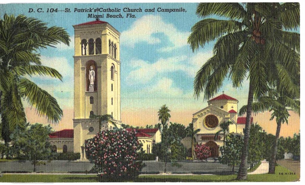 Linen postcard. St Patrick’s Catholic Church and Campanile, Miami Beach ...