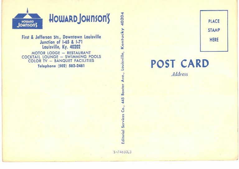Chrome postcard. Howard Johnson’s, downtown Louisville, Kentucky. Motor ...