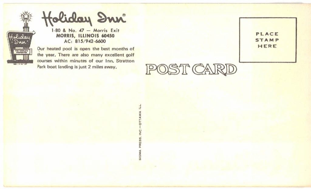 Chrome postcard. Holiday Inn, Morris, Illinois. Night, pool, golf ...