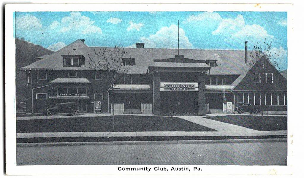 White border postcard. Community Center, Austin, Pennsylvania. Theatre ...