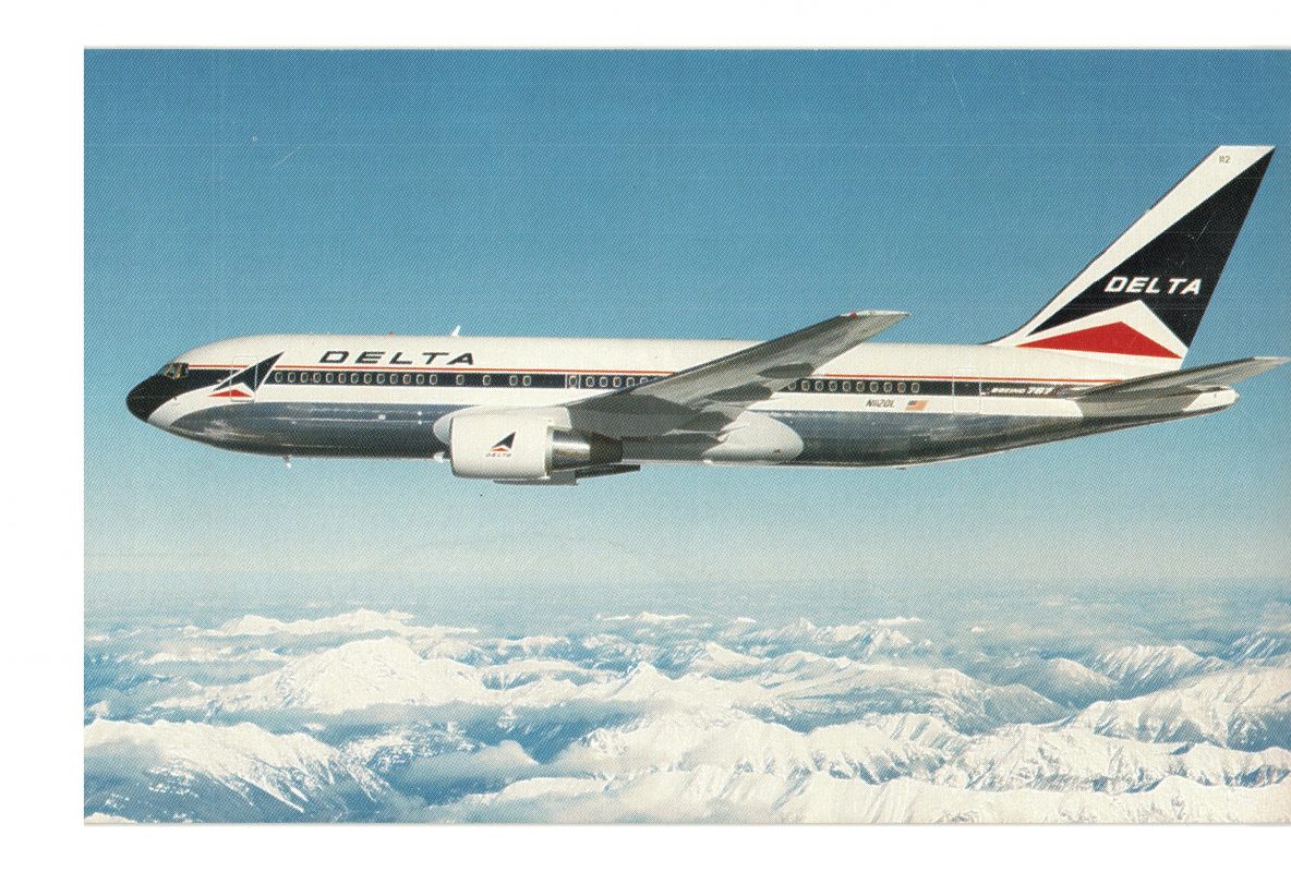 Chrome postcard. Delta Boeing 767. Airplane. | Jackie's Vintage Postcards