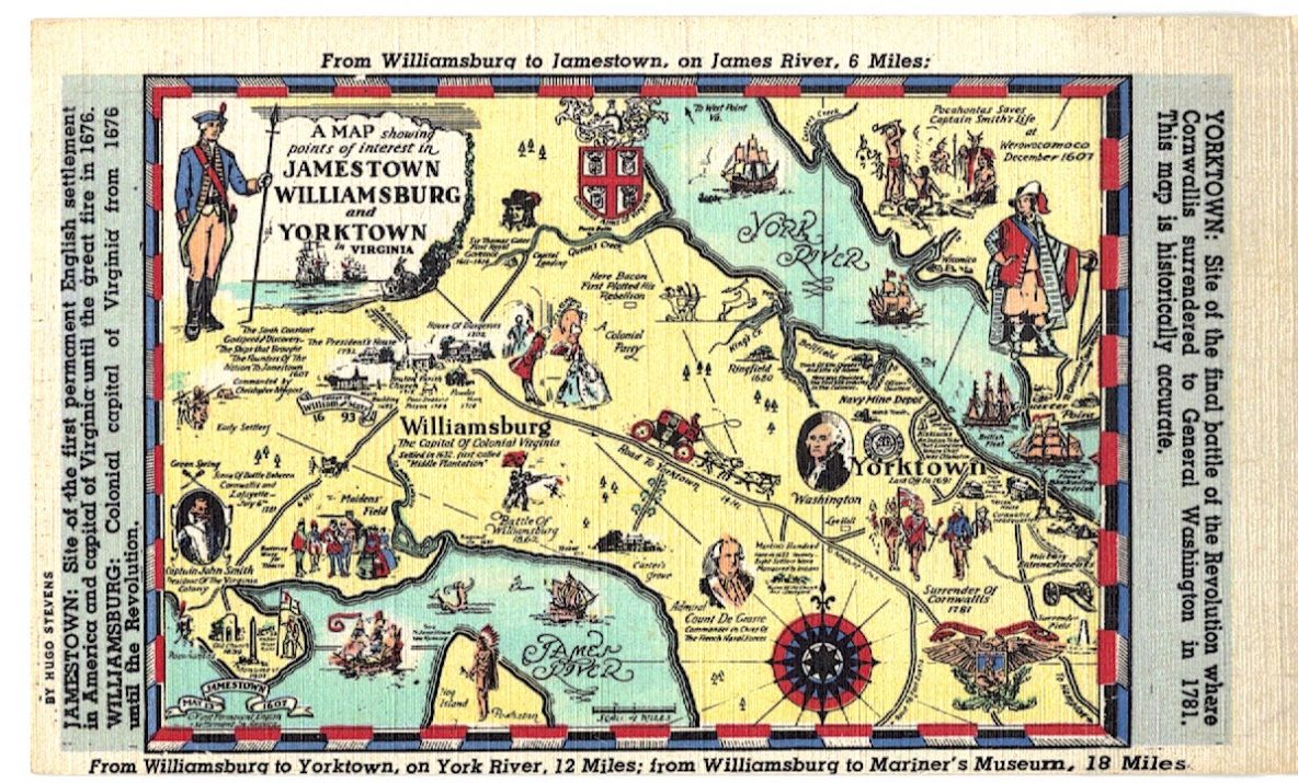 Linen postcard. Map of Jamestown, Williamsburg and Yorktown, Virginia ...