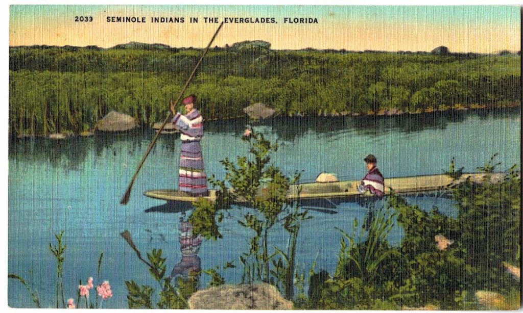 Linen postcard. Seminole Indians in the Everglades. Canoe, raft ...