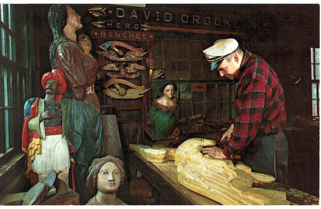Chrome postcard. Wood Carver working on transom eagle, Ship Carver’s ...