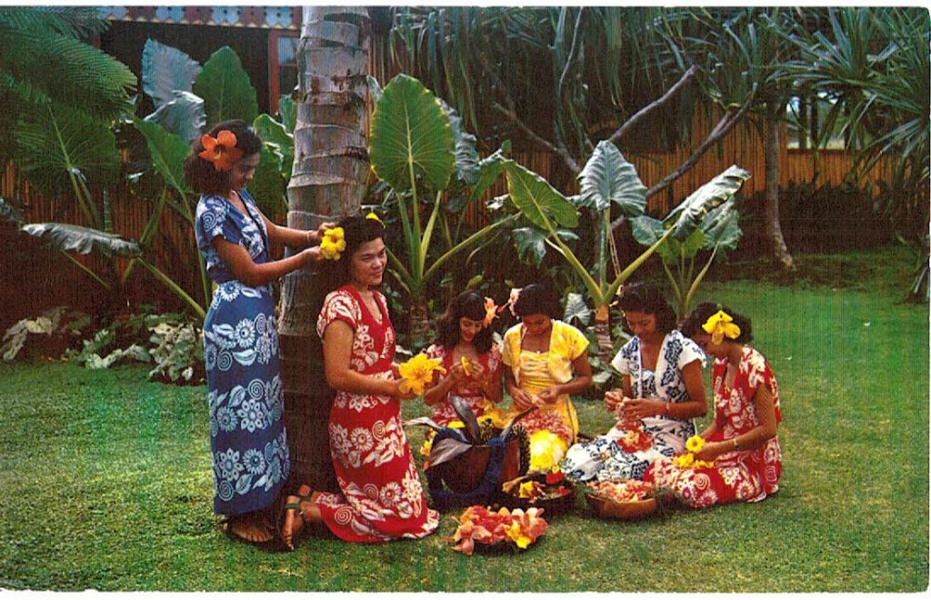Chrome postcard. Happy Hawaiians. Native girls stringing leis. Hawaii ...