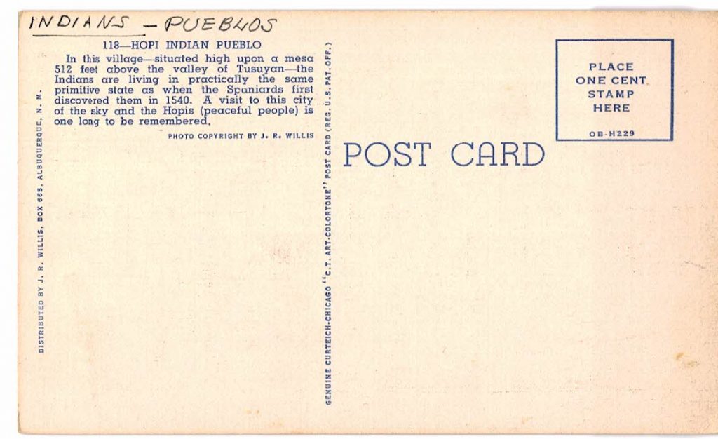 Linen postcard. Hopi Indian Pueblo, above the Valley of Tusuyan ...