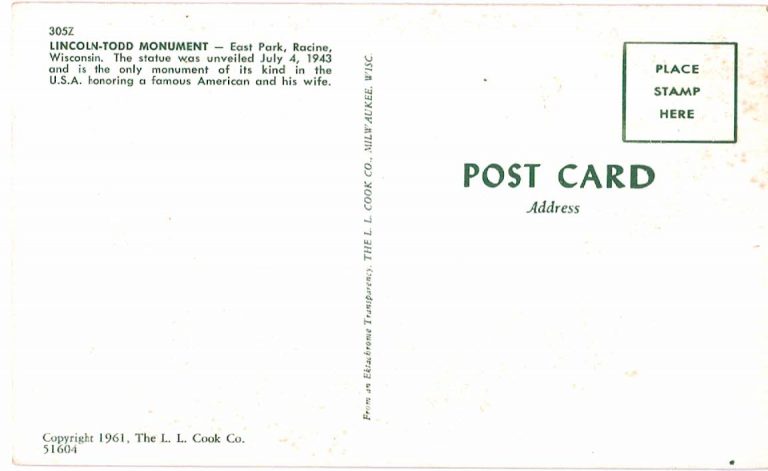Chrome postcard. Lincoln Todd Monument, East Park, Racine, Wisconsin ...