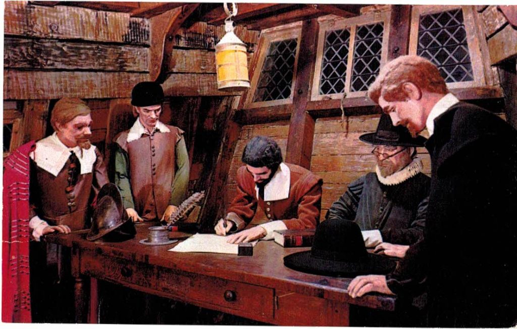 Chrome postcard. Pilgrims signed the Mayflower Compact, Plimoth ...