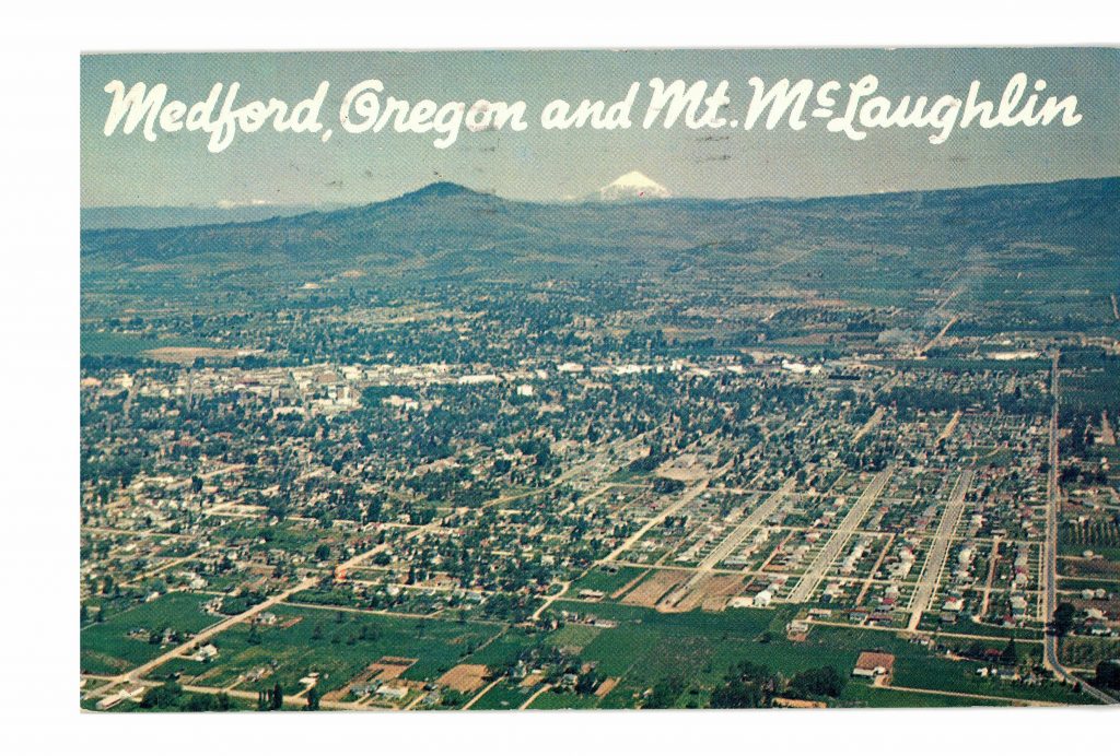 Chrome postcard. Medford, Oregon and Mt McLaughlin. Aerial View. 1961 ...