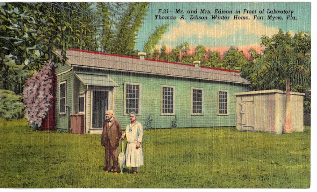Linen postcard. Mr and Mrs Edison in front of Laboratory, Thomas A ...
