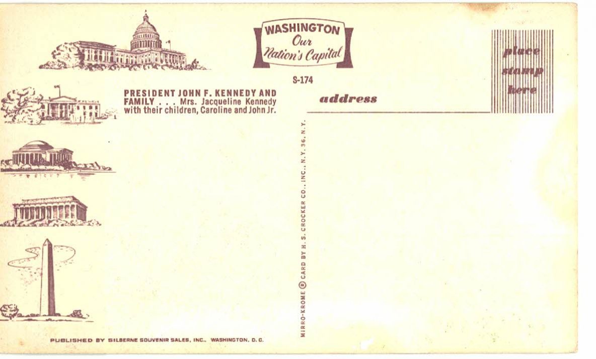 Chrome postcard. President John F Kennedy and family, Jacqueline ...